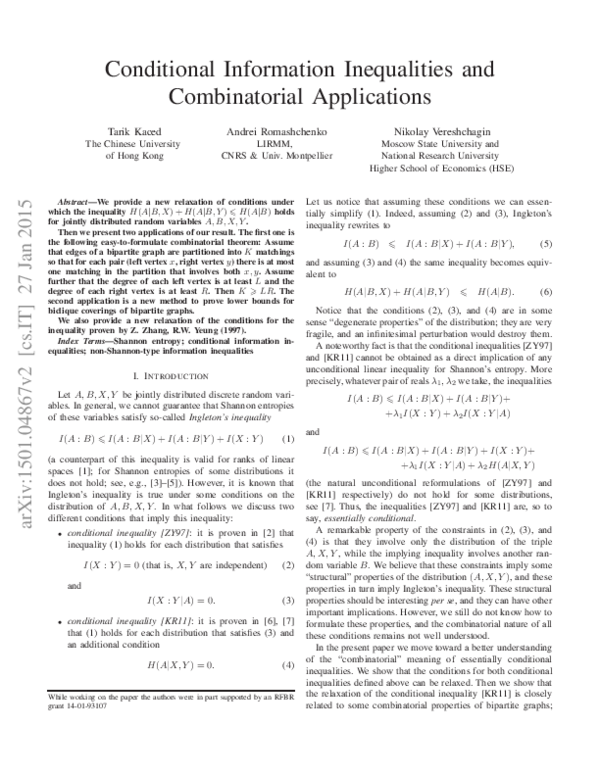 (PDF) Conditional Information Inequalities and Combinatorial Applications