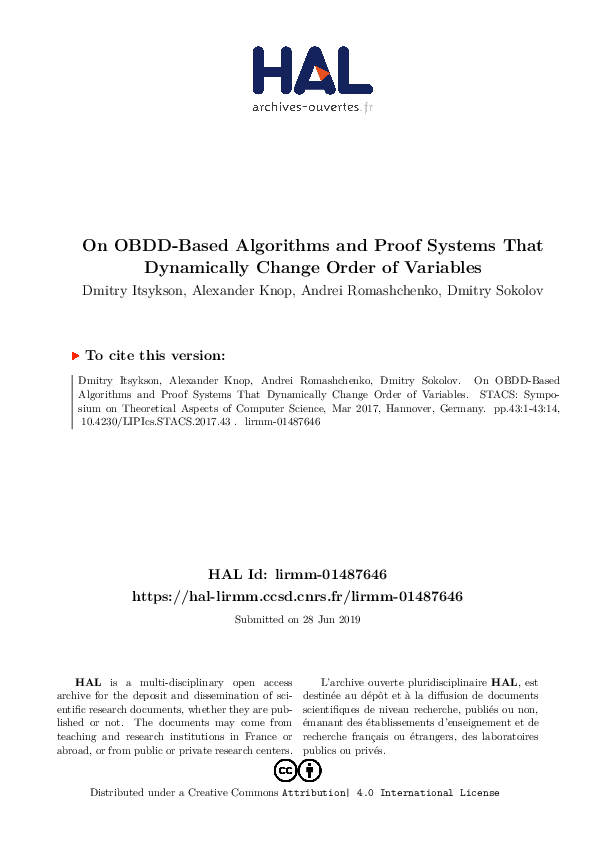 (PDF) 43 : 2 On OBDD-Based Algorithms and Proof Systems That Change Order of Variables 1