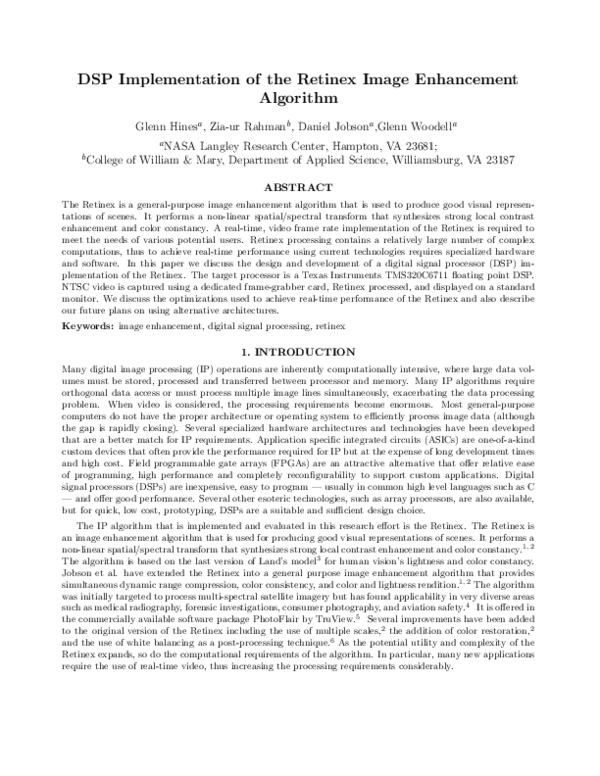 (PDF) DSP implementation of the retinex image enhancement algorithm
