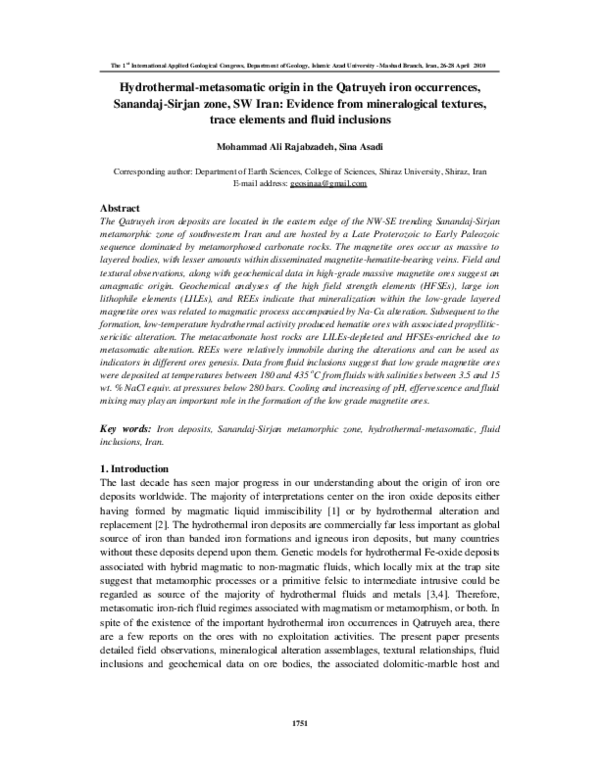 (PDF) Hydrothermal-metasomatic origin in the Qatruyeh iron occurrences ...