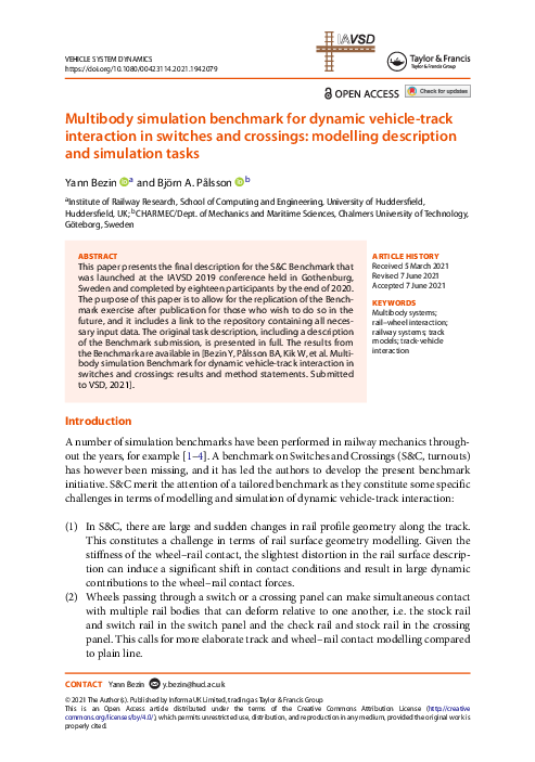Multibody Simulation Benchmark For Dynamic Vehicle Track Interaction In Switches And Crossings