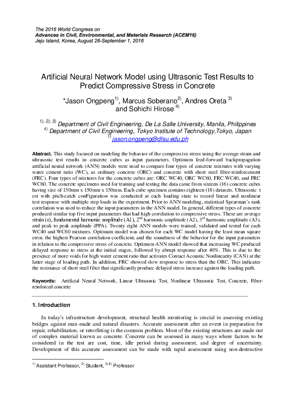 Pdf Artificial Neural Network Model Using Ultrasonic Test Results To Predict Compressive