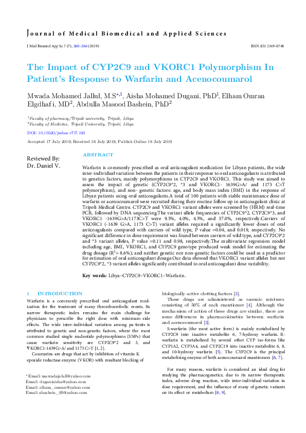 (PDF) The Impact of CYP2C9 and VKORC1 Polymorphism in Patient’s ...