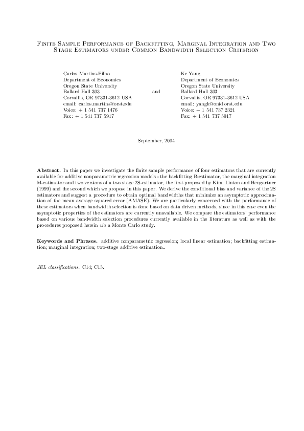 (PDF) Finite Sample Performance of Backfitting, Marginal Integration and Two Stage Estimators ...