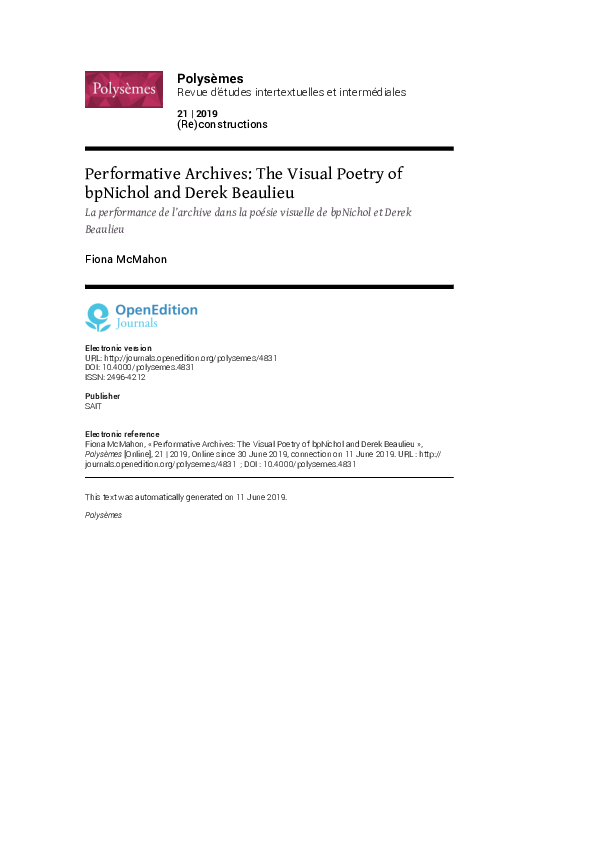 Performative Archives: The Visual Poetry of bpNichol and Derek Beaulieu