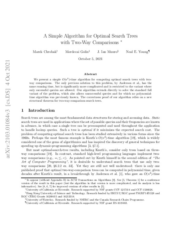 (PDF) A Simple Algorithm for Optimal Search Trees with Two-Way Comparisons