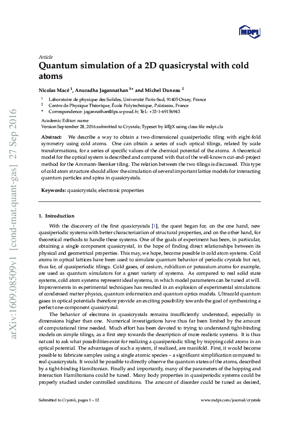 (PDF) Quantum Simulation of a 2D Quasicrystal with Cold Atoms