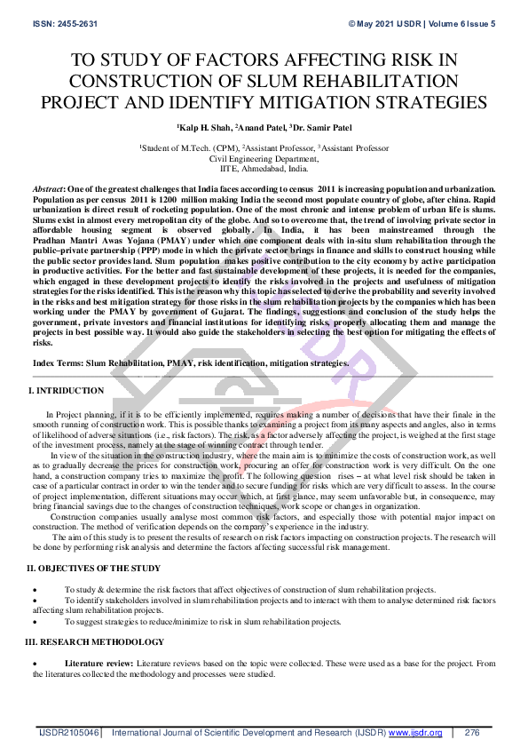 (PDF) To Study of Factors Affecting Risk in Construction of Slum ...