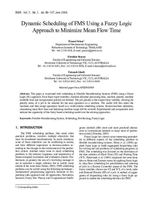 (PDF) Dynamic Scheduling of FMS Using a Fuzzy Logic Approach to Minimize Mean Flow Time