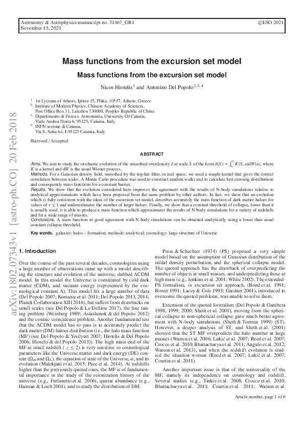 (PDF) Mass functions from the excursion set model Mass functions from ...