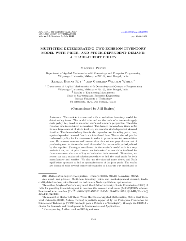 Pdf Multi Item Deteriorating Two Echelon Inventory Model With Price And Stock Dependent