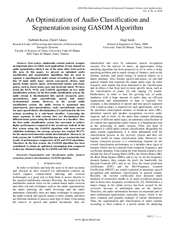Pdf An Optimization Of Audio Classification And Segmentation Using Gasom Algorithm