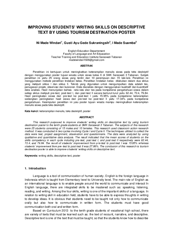 (PDF) Improving Students’ Writing Skills on Descriptive Text by Using Tourism Destination Poster