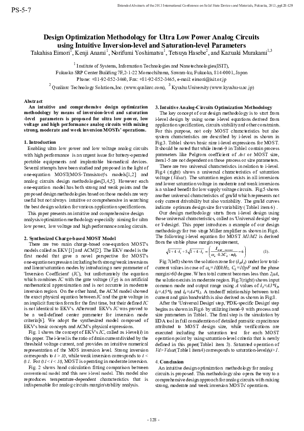 Pdf Design Optimization Methodology For Ultra Low Power Analog Circuits Using Intuitive