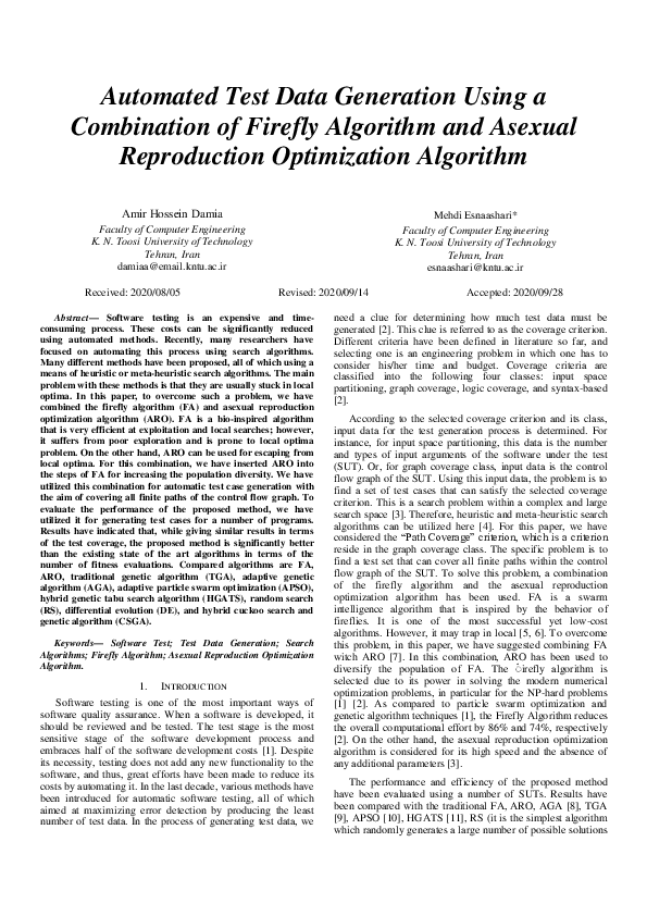 Pdf Automated Test Data Generation Using A Combination Of Firefly Algorithm And Asexual