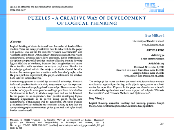 (PDF) Puzzles - a Creative Way of Development of Logical Thinking