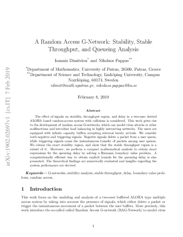 (PDF) A Random Access G-Network: Stability, Stable Throughput, and Queueing Analysis