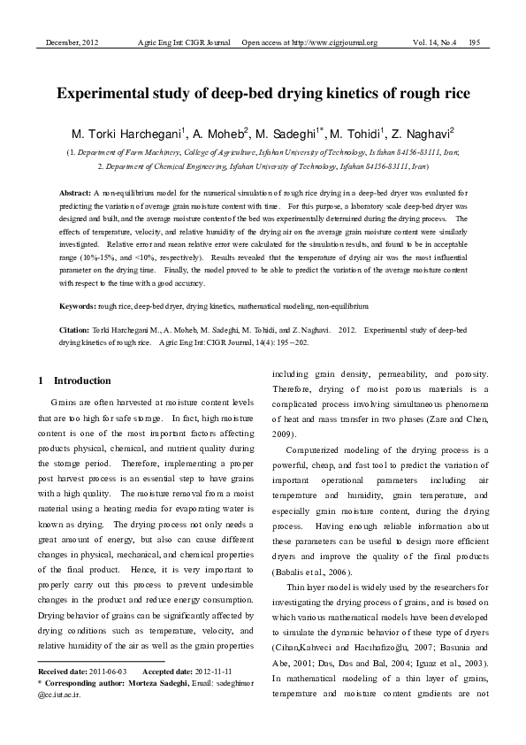 (PDF) Experimental study of deep-bed drying kinetics of rough rice