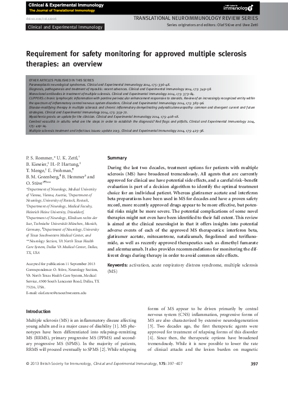 (PDF) Requirement for safety monitoring for approved multiple sclerosis ...