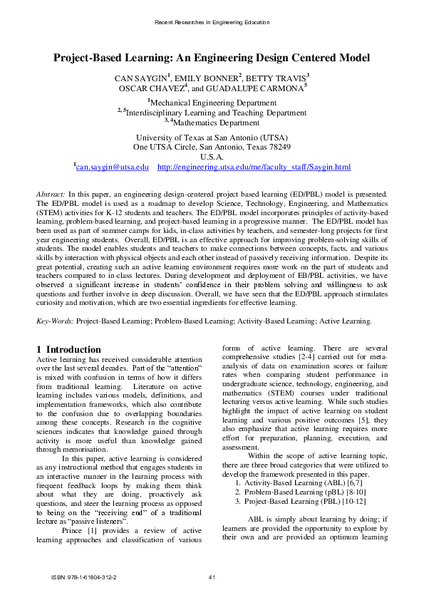 (PDF) Project-Based Learning: An Engineering Design Centered Model