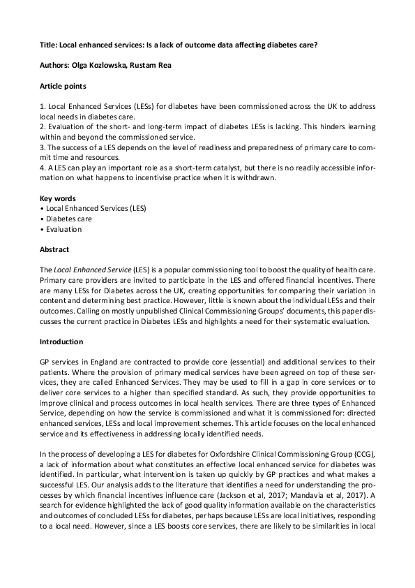 (PDF) Local enhanced services: Is a lack of outcome data affecting ...