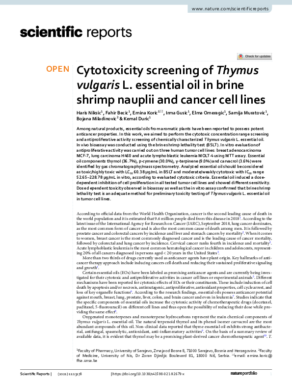 (PDF) Cytotoxicity screening of Thymus vulgaris L. essential oil in ...