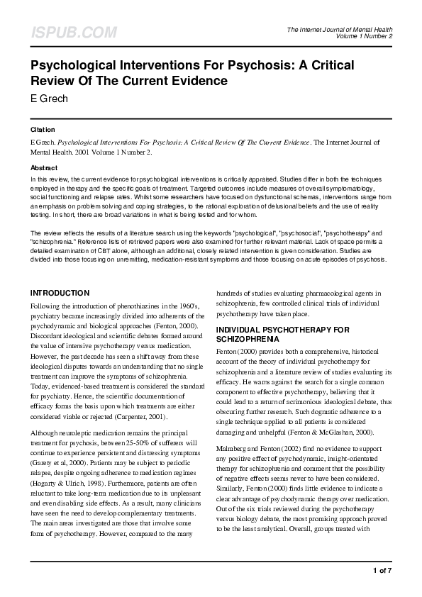 (PDF) Psychological Interventions For Psychosis: A Critical Review