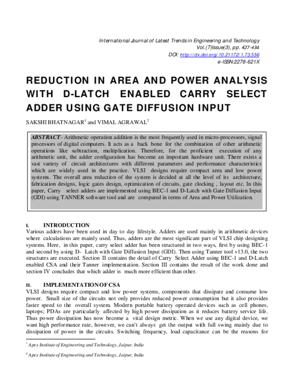 (PDF) Reduction in Area and Power Analysis with D-Latch Enabled Carry Select Adder Using Gate ...
