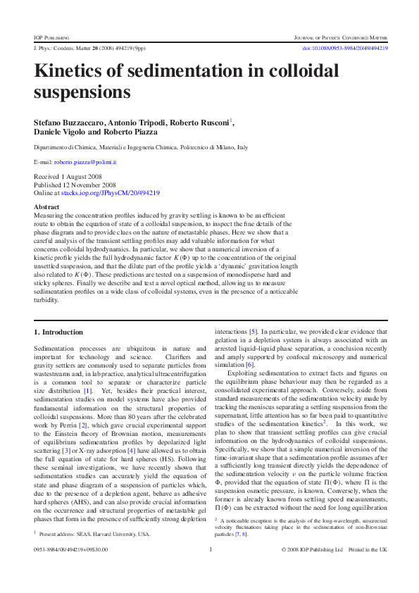(PDF) Kinetics of sedimentation in colloidal suspensions