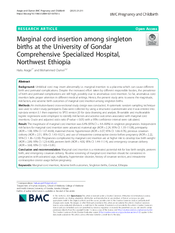 (PDF) Marginal cord insertion among singleton births at the University ...