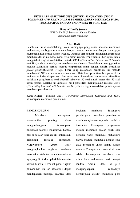 (PDF) Penerapan Metode Gist (Generating Interaction Schemata and Text) Dalam Pembelajaran ...