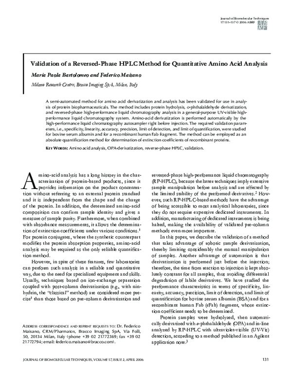 (PDF) Validation of a reversed-phase HPLC method for quantitative amino acid analysis
