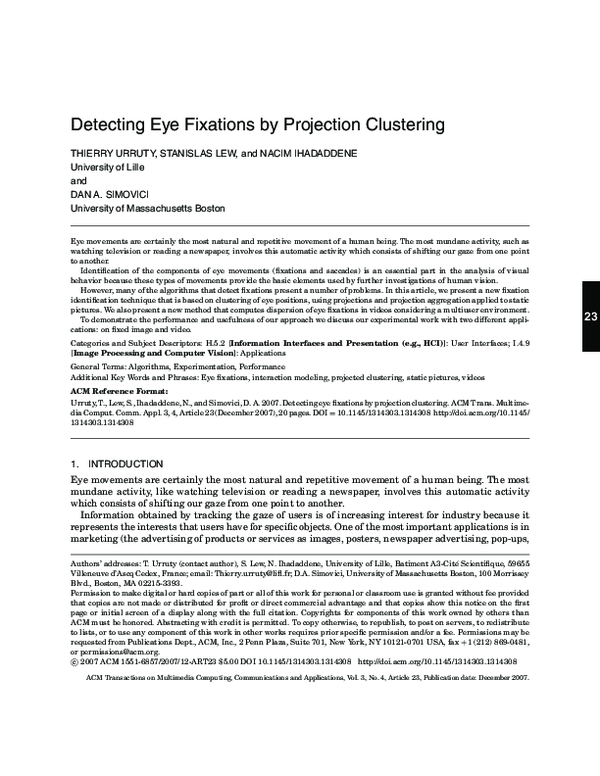 Pdf Detecting Eye Fixations By Projection Clustering