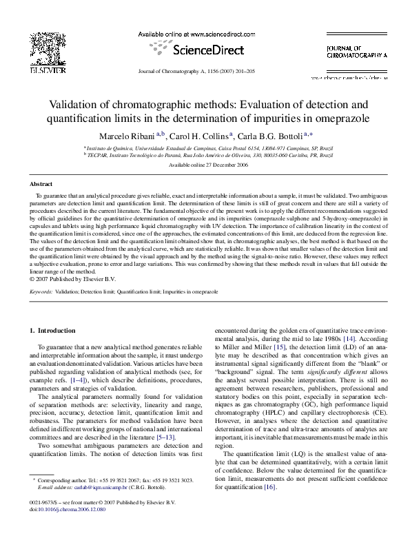 (PDF) Validation of chromatographic methods: Evaluation of detection and quantification limits ...