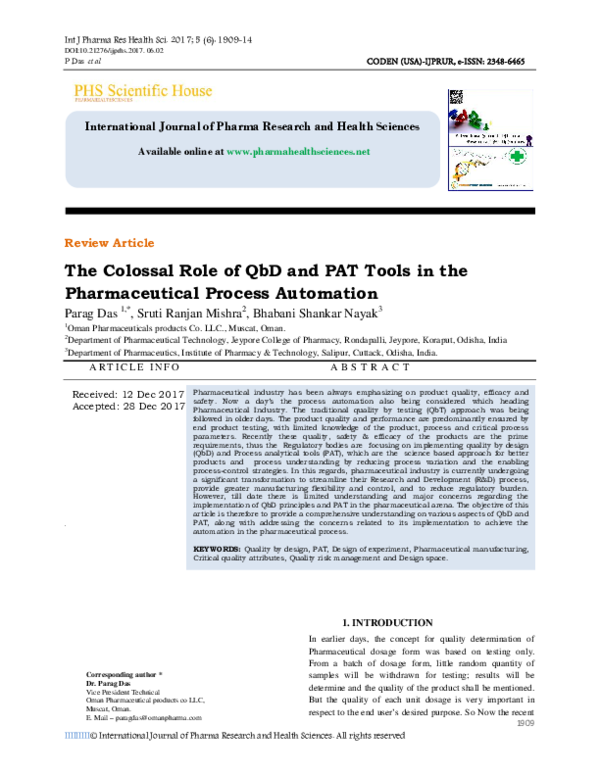 (PDF) The Colossal Role of QbD and PAT Tools in the Pharmaceutical ...