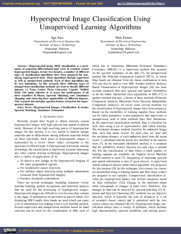 Pdf Hyperspectral Image Classification Using Unsupervised Learning