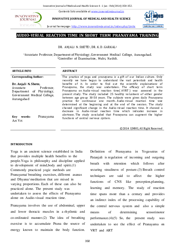(PDF) Audio-visual reaction time in short term pranayama training