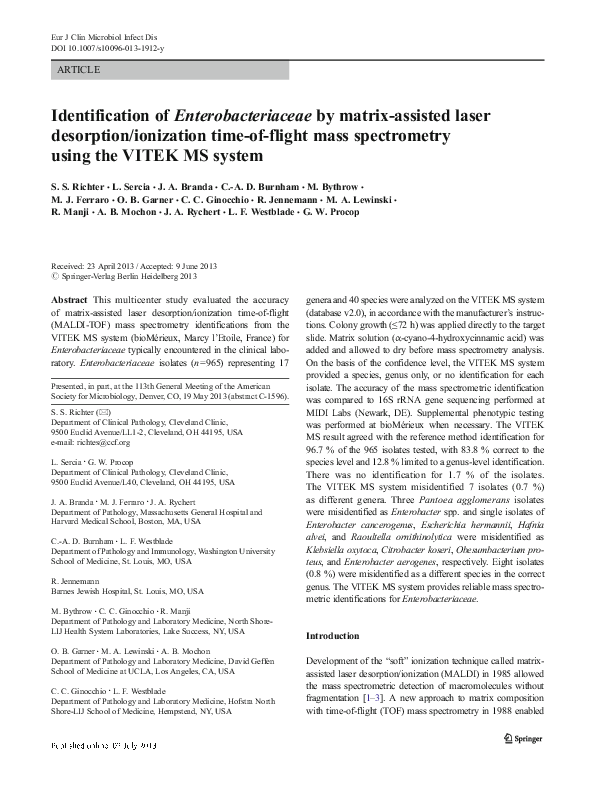 (PDF) Identification of Enterobacteriaceae by matrix-assisted laser desorption/ionization time ...