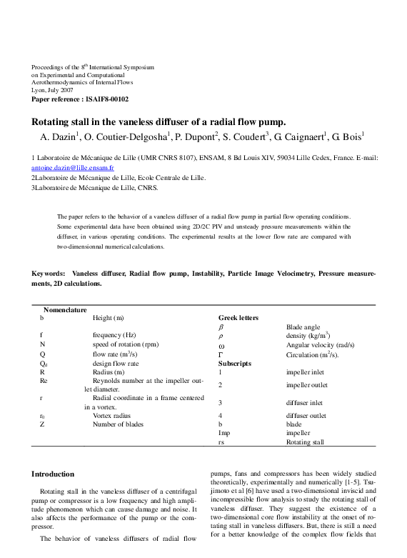 (PDF) Rotating stall in the vaneless diffuser of a radial flow pump