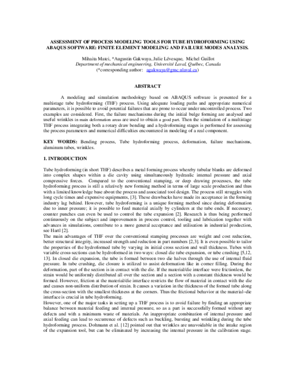 (PDF) Assessment of Process Modeling Tools for Tube Hydroforming Using Abaqus Software: Finite ...