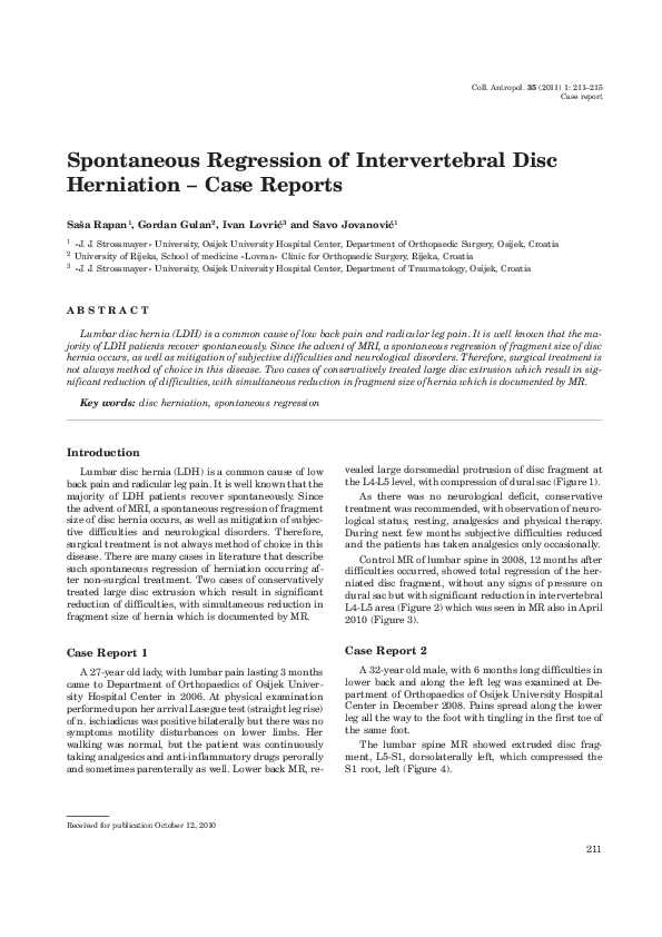 (PDF) Spontaneous regression of intervertebral disc herniation--case ...