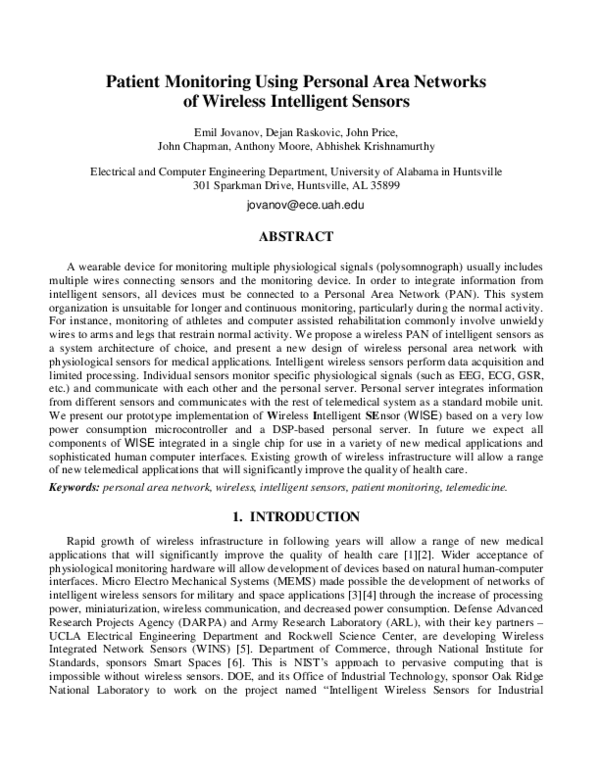 Pdf Patient Monitoring Using Personal Area Networks Of Wireless