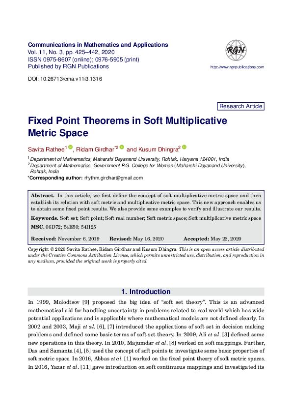 (PDF) Fixed Point Theorems in Soft Multiplicative Metric Space