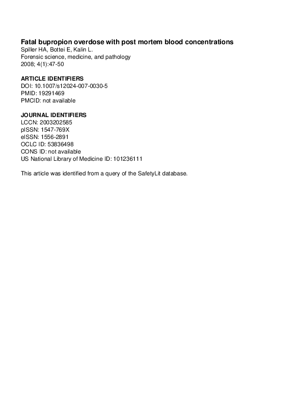 (PDF) Fatal bupropion overdose with post mortem blood concentrations