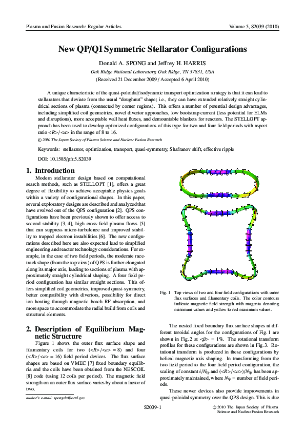 (PDF) New QP/QI Symmetric Stellarator Configurations