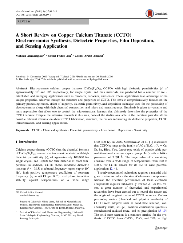 (PDF) A Short Review on Copper Calcium Titanate (CCTO) Electroceramic ...