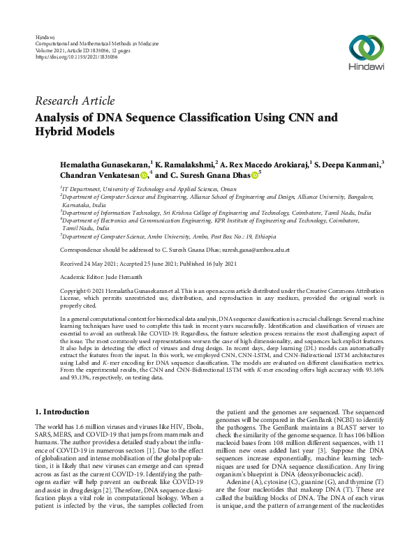 (PDF) Analysis of DNA Sequence Classification Using CNN and Hybrid Models
