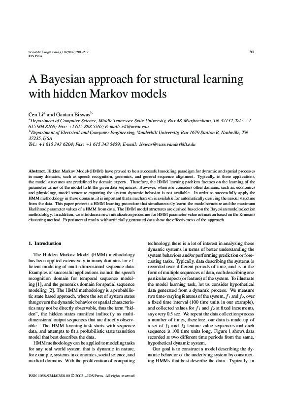 Pdf A Bayesian Approach For Structural Learning With Hidden Markov Models