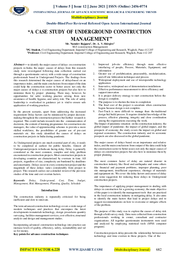 (PDF) "A CASE STUDY OF UNDERGROUND CONSTRUCTION MANAGEMENT"