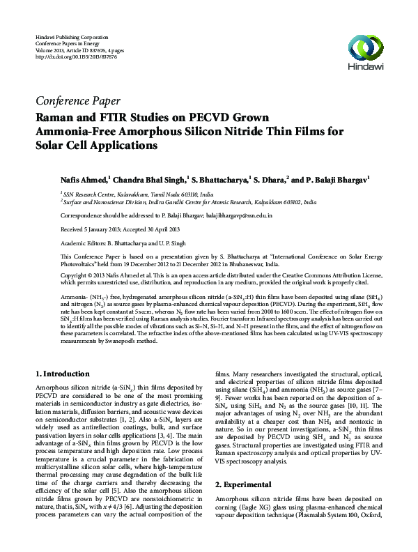 Raman and FTIR Studies on PECVD Grown Ammonia-Free Amorphous Silicon Nitride Thin Films for ...